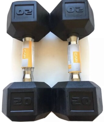 (2) CAP 20 LB Pound Dumbell Weights Pair Rubber Coated Hex Dumbbells ...