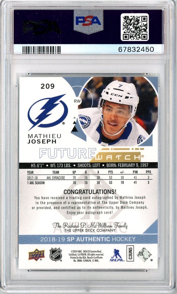 2018-19 SP Authentic Inscribed #209 Mathieu Joseph RC AUTO /50 - PSA 10 ...