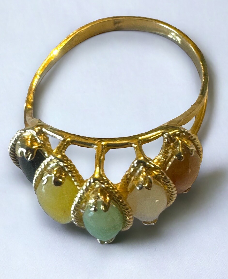 14k Yellow Gold Multi Color Marquise Jade STATEMENT Band Ring Size 7.25 ...