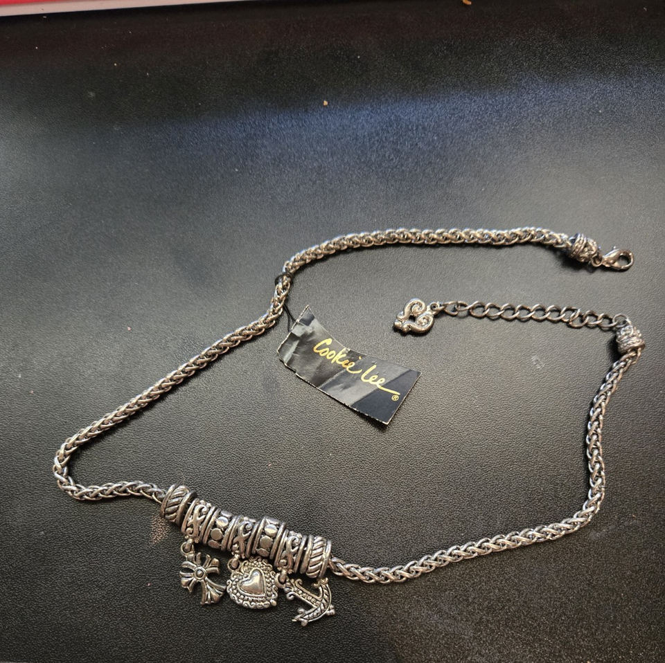Vtg Cookie Lee charm necklace with hearts and other charms 19" Silver ...
