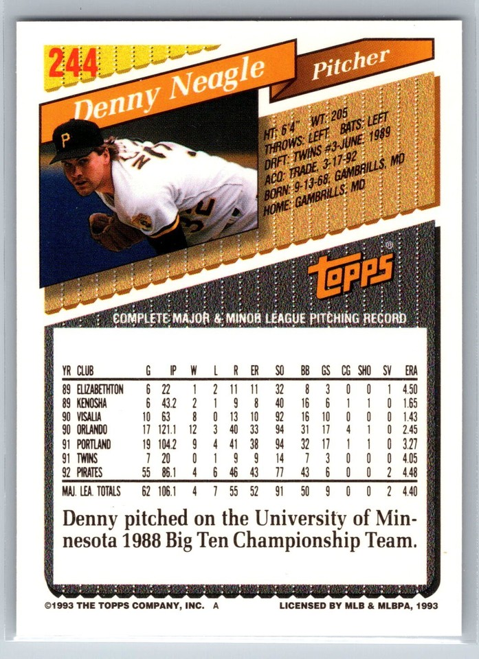 1993 Topps Denny Neagle Gold Parallel Pittsburgh Pirates #244 | eBay
