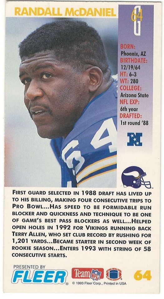 RANDALL MCDANIEL 1993 GameDay #64 Vikings Tall ID:5137 | eBay