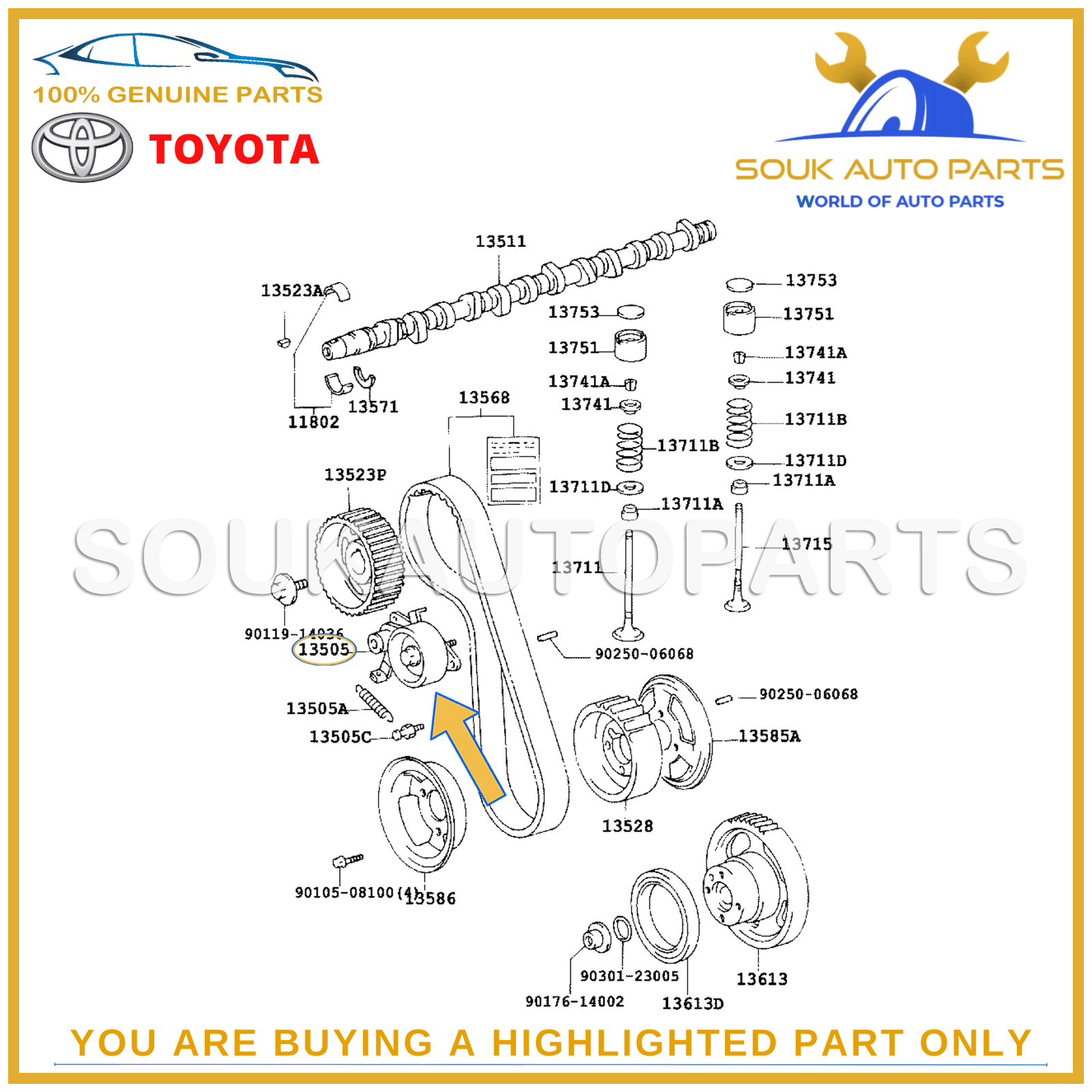 13505-17020 Genuine Toyota IDLER SUB-ASSY, TIMING BELT, NO.1 LAND ...