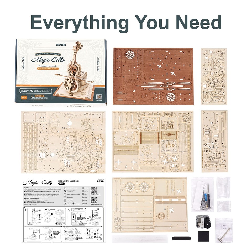 ROKR 3D Wooden Puzzle Magic Cello Mechanical Music Box Model Kit Decor ...