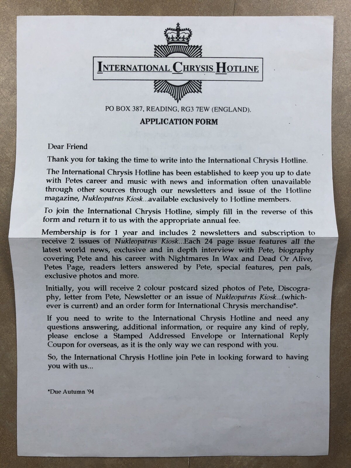 DEAD OR ALIVE/Pete Burns INTERNATIONAL CHRYSIS Hotline Application Form ...