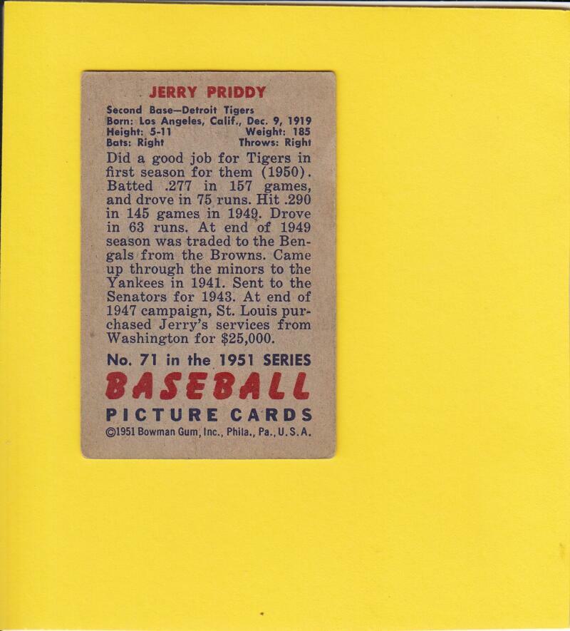 1951 Bowman #71 Jerry Priddy Detroit Tigers VG/EX Lot # 11707 | eBay