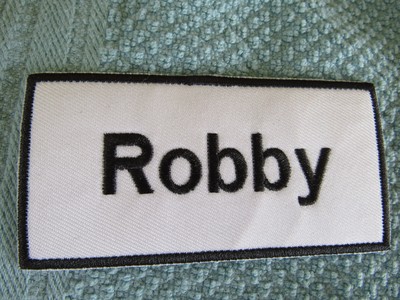 Robby cloth name label patch 2"x4" White w/ Black letters & Black ...