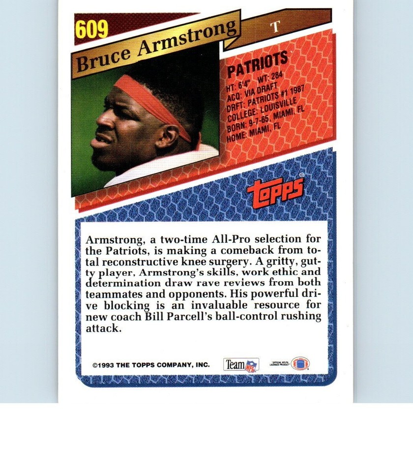 Bruce Armstrong 609 Patriots 1993 Topps Football Trading Card | eBay