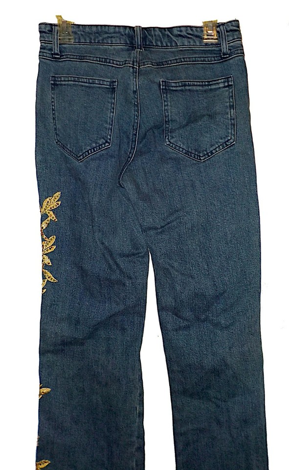 New jeans Cache Embellished Gold-Embroidery Rhinestones Cotton Stretch ...