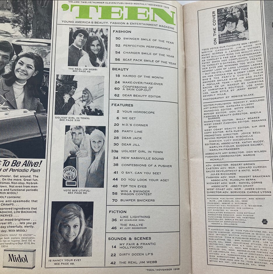 VTG Teen Magazine November 1968 Vol 12 #11 Jim Webb and Patsy Sullivan ...
