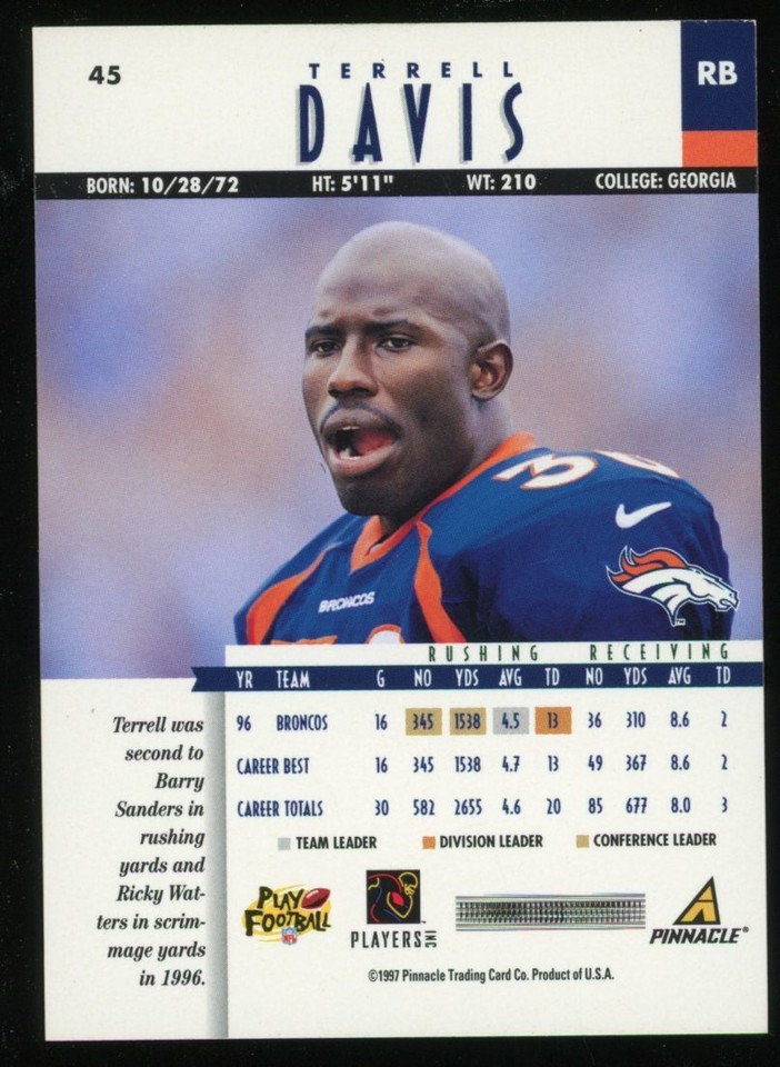 1997 Pinnacle Terrell Davis Card #45 HOF | eBay
