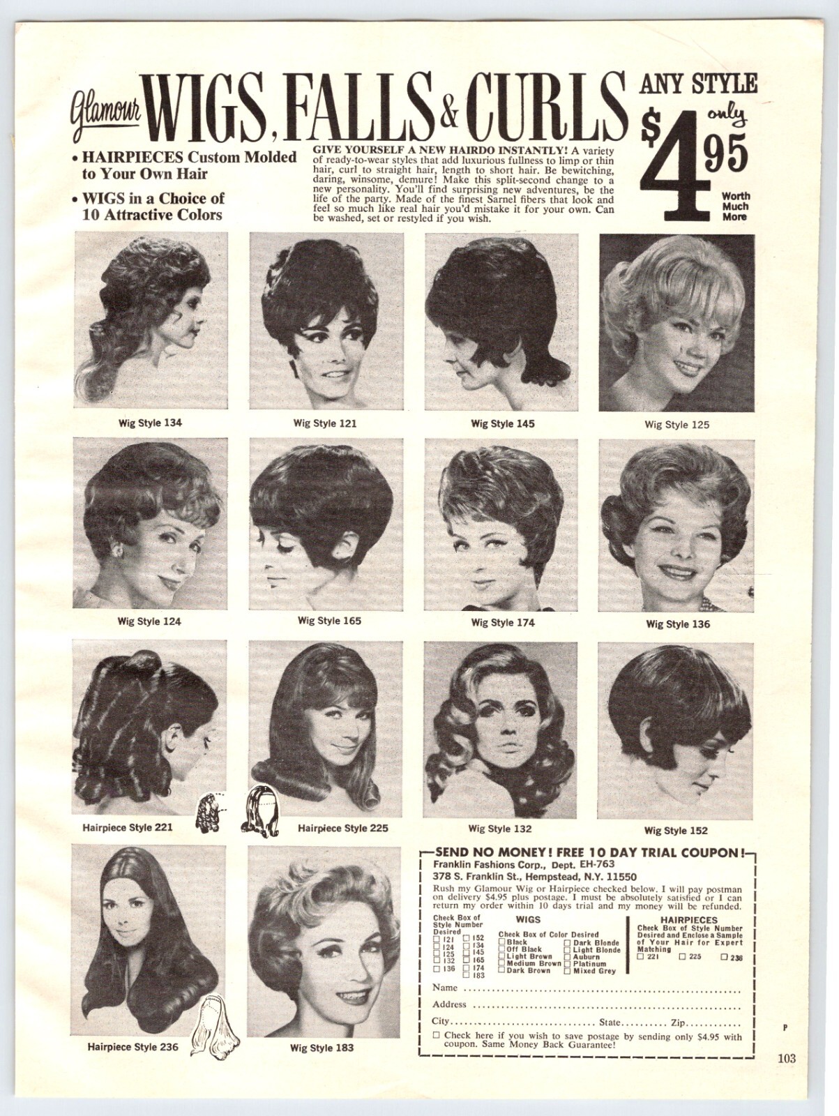 1972 FRANKLIN FASHIONS GLAMOUR WIGS Vintage 8"X11" Magazine Ad 1970's ...