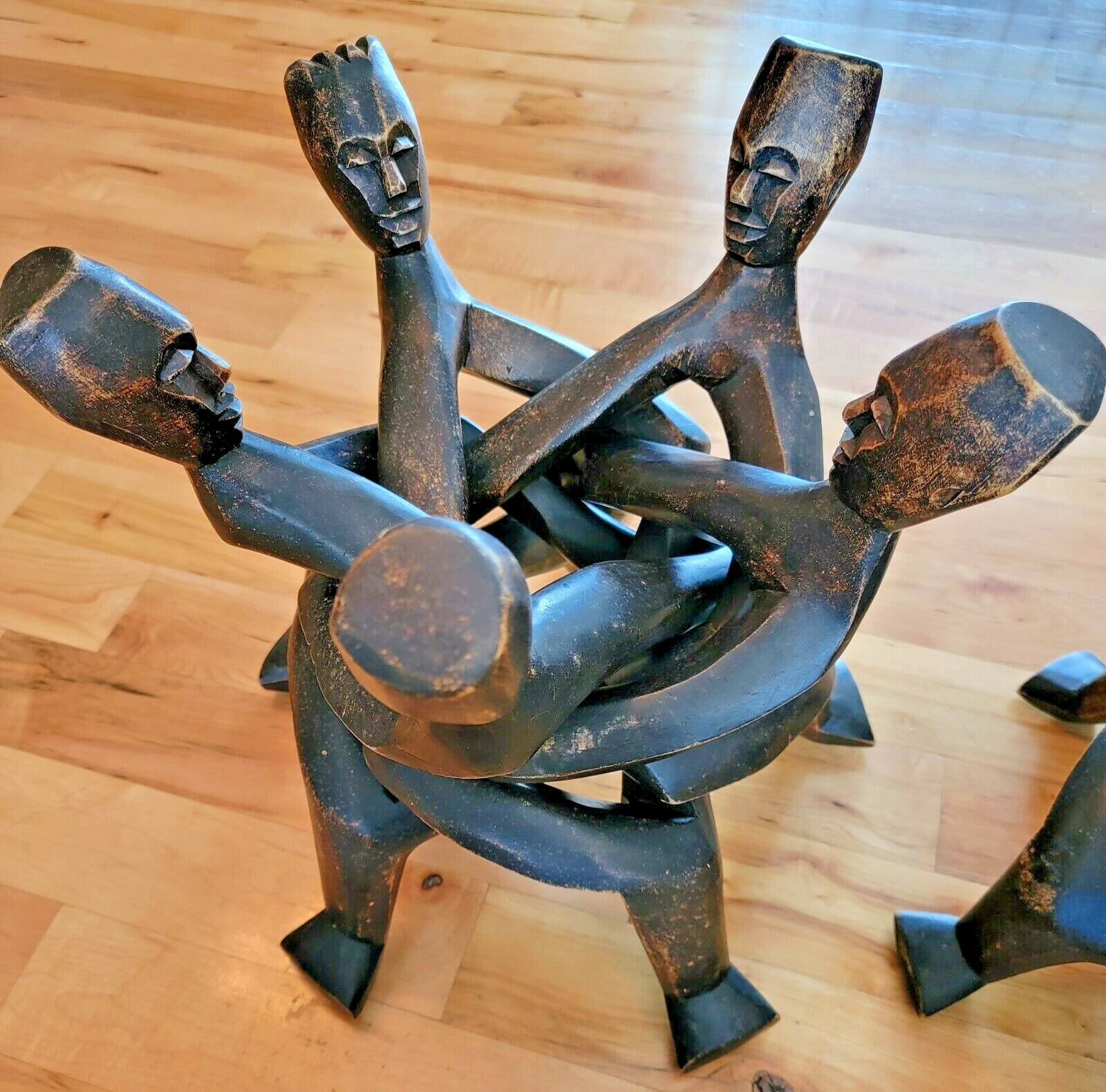 VINTAGE African Unity Circle Sculpture 5 Head Figure Ghana Carved Wood ...