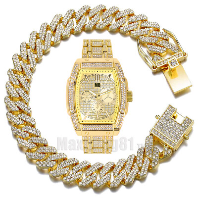 MEN HIP HOP GOLD FINISH LUXURY SIMULATED DIAMOND WATCH & ICED CUBAN ...