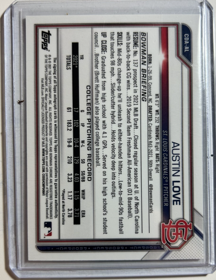 2021 Bowman Chrome Draft Austin Love 1st Prospect Auto #CDA-AL ...