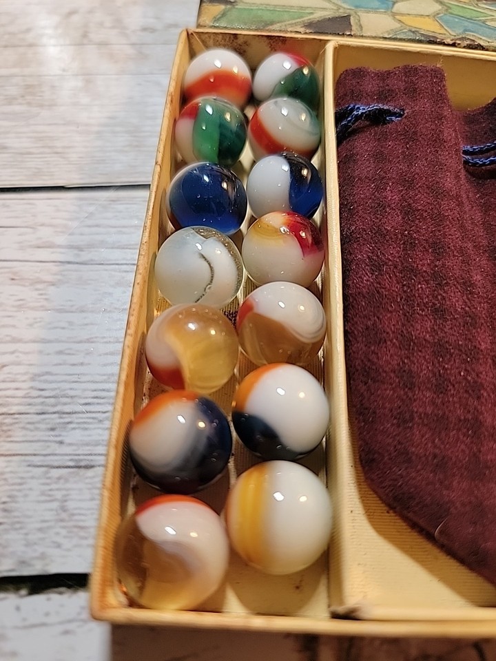 Estate Find Vitro Helmet Marbles With Bag In Stained Glass Jobber Box ...