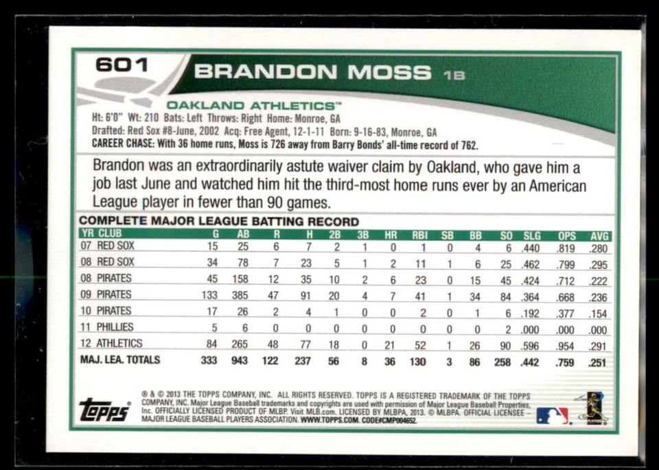2013 Topps Brandon Moss #601 Oakland Athletics | eBay