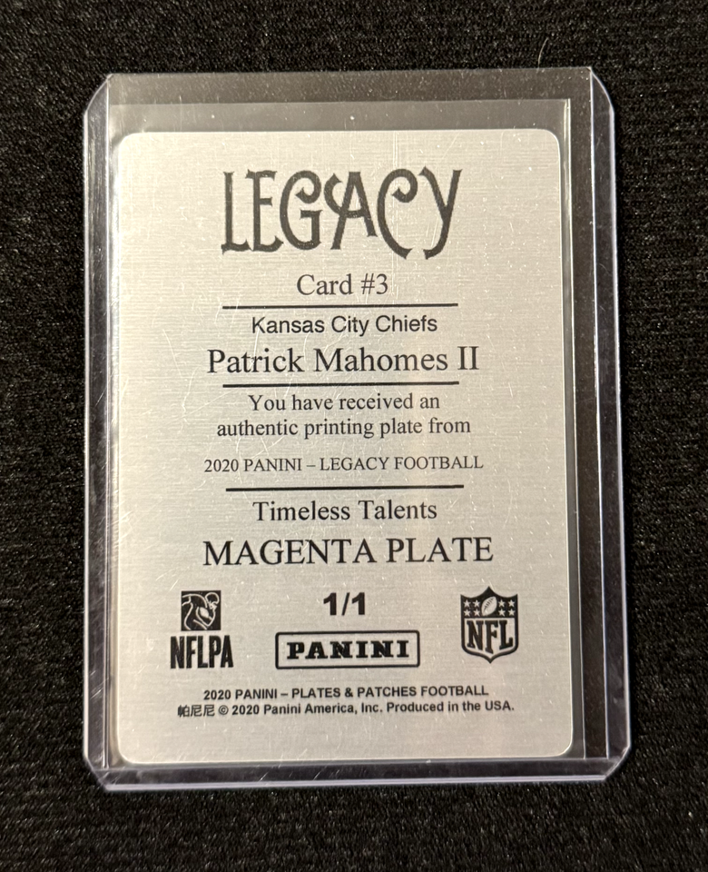 2020 Panini Legacy Football Patrick Mahomes 1/1 Printing Plate | eBay