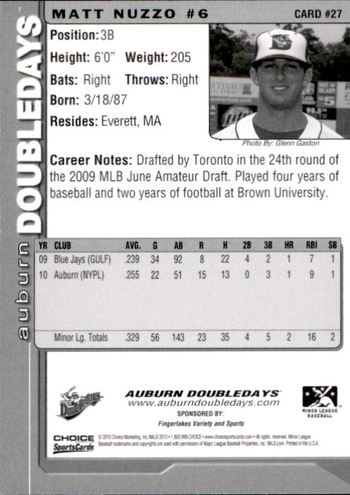 2010 Auburn Doubledays Choice #27 Matt Nuzzo Everett Massachusetts ...