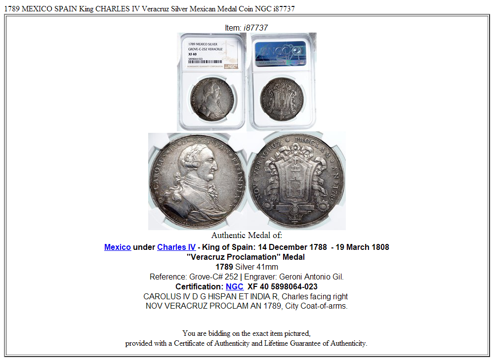 1789 MEXICO SPAIN King CHARLES IV Veracruz Silver Mexican Medal Coin ...