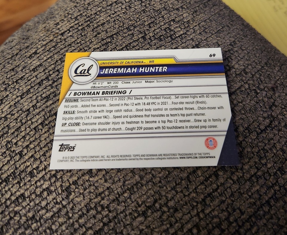 2023 Bowman U Chrome Football Jeremiah Hunter #69 1st California Golden ...