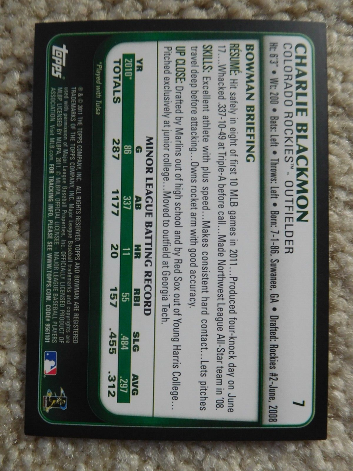 2011 Charlie Blackmon Bowman Draft RC Rookie Card #7 Colorado Rockies ...