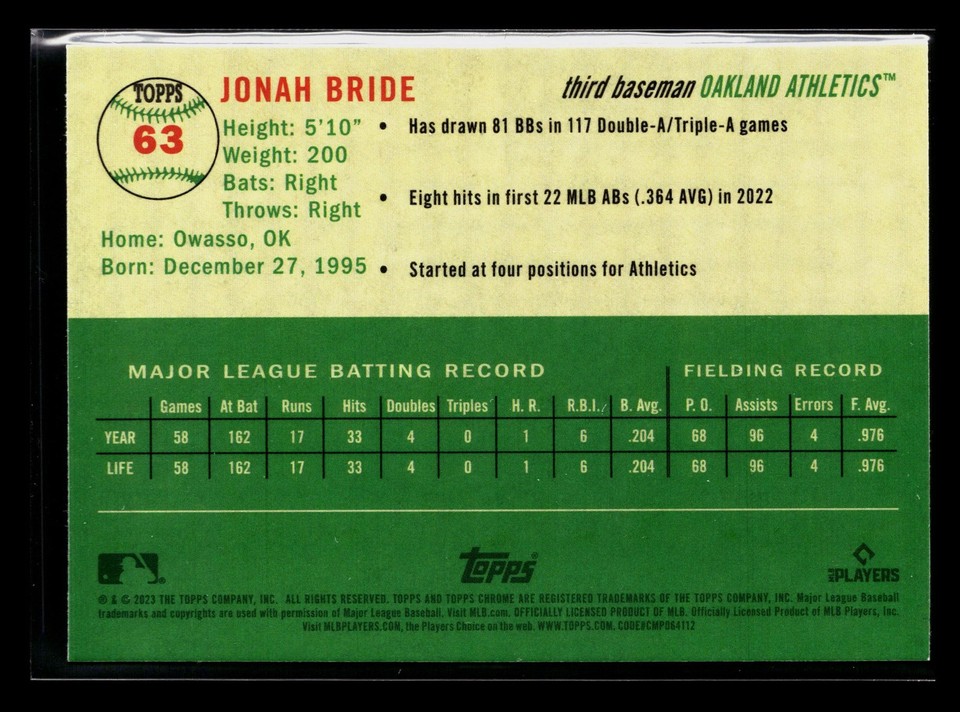 Jonah Bride 2023 Topps Chrome Platinum #63 Oakland Athletics Rookie ...