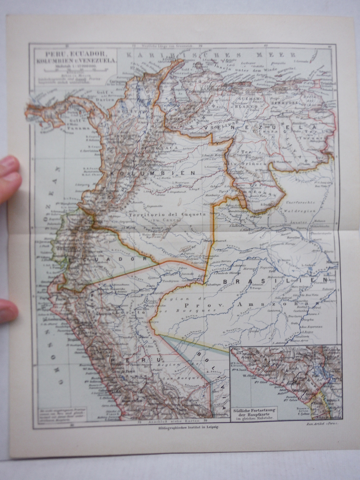Meyers Antique Colored Map of PERU, ECUADOR, KOLUMBIEN U. VENEZUELA ...