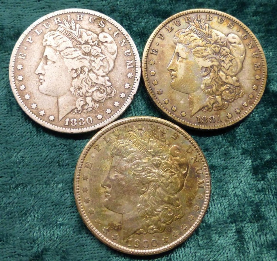 Lot of 3 Silver Morgan Dollars, COLOR TONEs, 1880, 1881 O & 1900 $1 ...