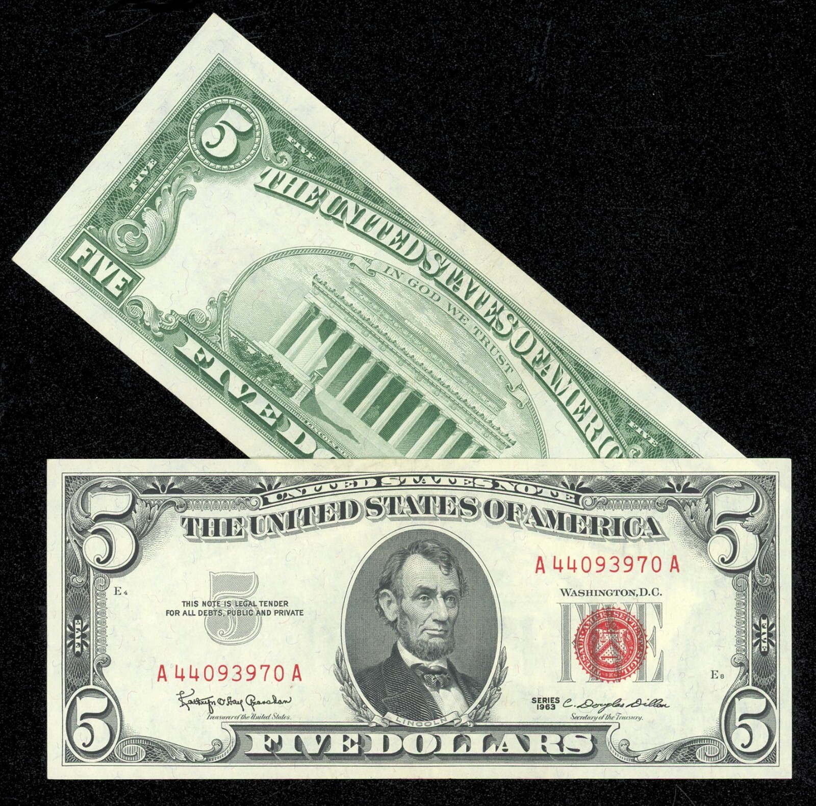 1963 $5 Dollar Bill Red Seal Legal Tender Old US Paper Money Note ...