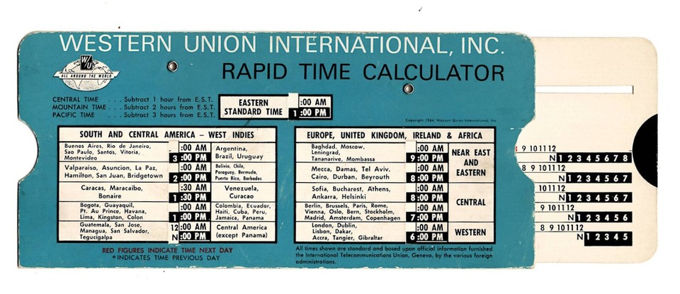 Western Union International Rapid Time Calculator, 1964 slide-rule ...
