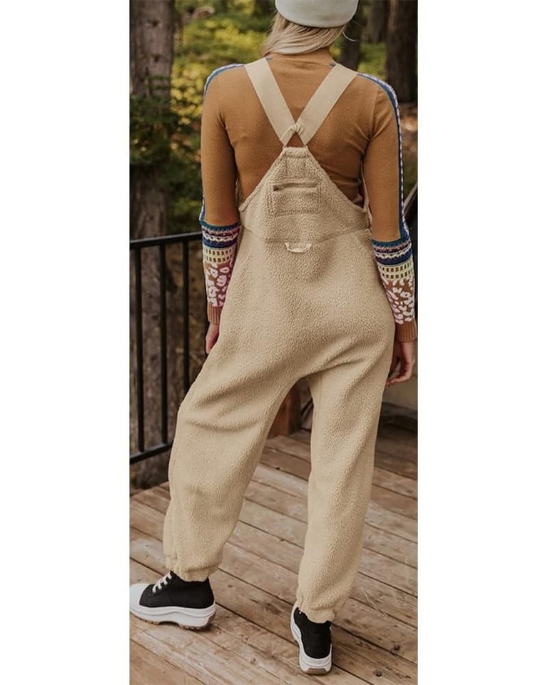 Women's Fuzzy Fleece Overall Adjustable Strap Warm Winter Bib Overalls ...