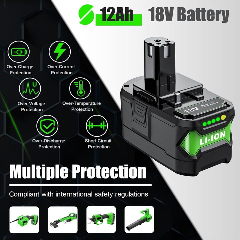 12Ah For RYOBI 18V Battery P107 P108 P103 One Plus High Capacity 18Volt ...