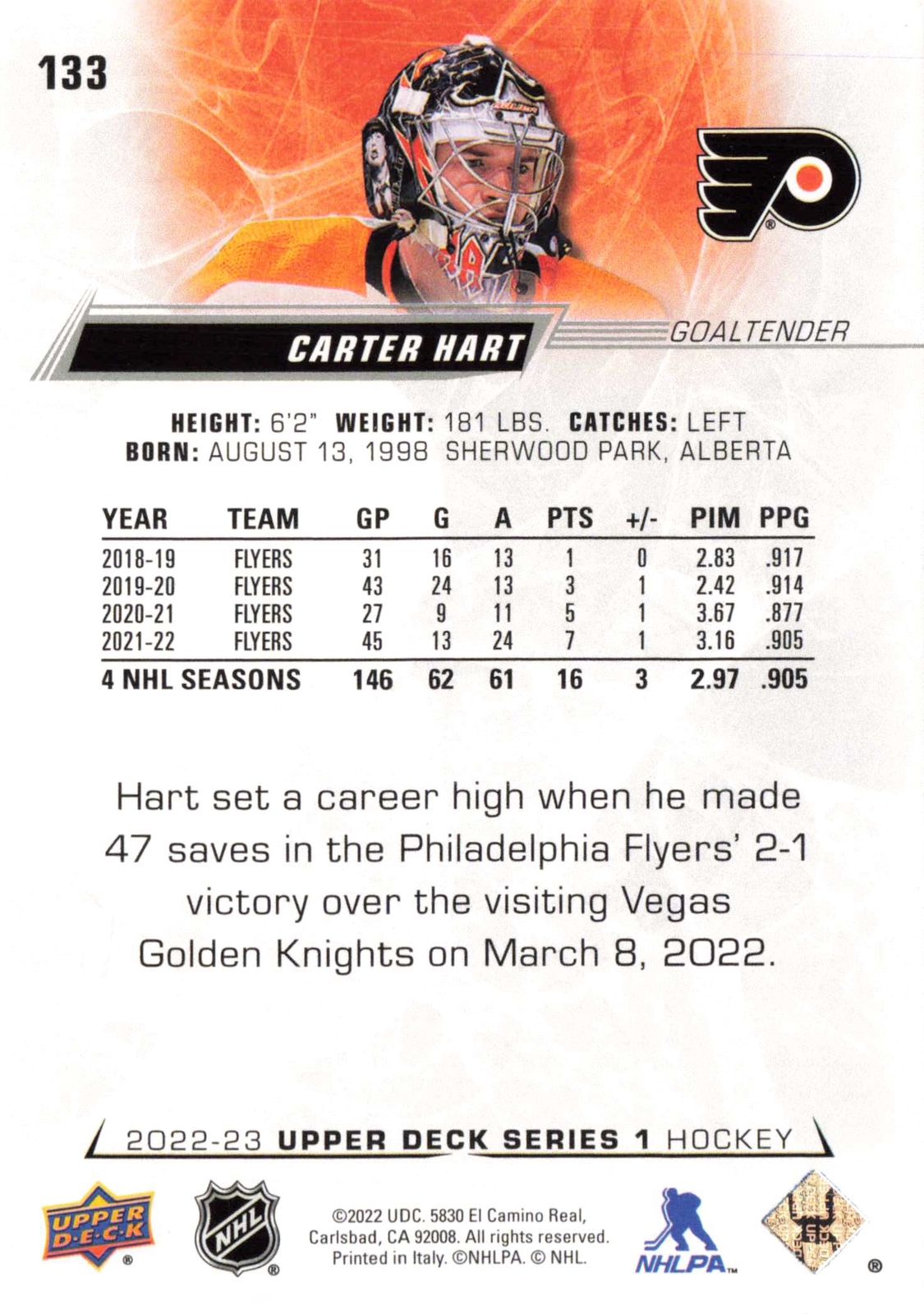 Carter Hart #133 2022-23 Upper Deck Philadelphia Flyers Near Mint or ...