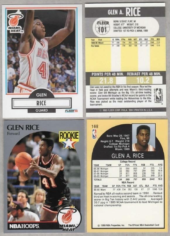 GLEN RICE Rookie Card Lot of 4 - 1990-91 Fleer #101 x2 & Hoops #168 x2 ...