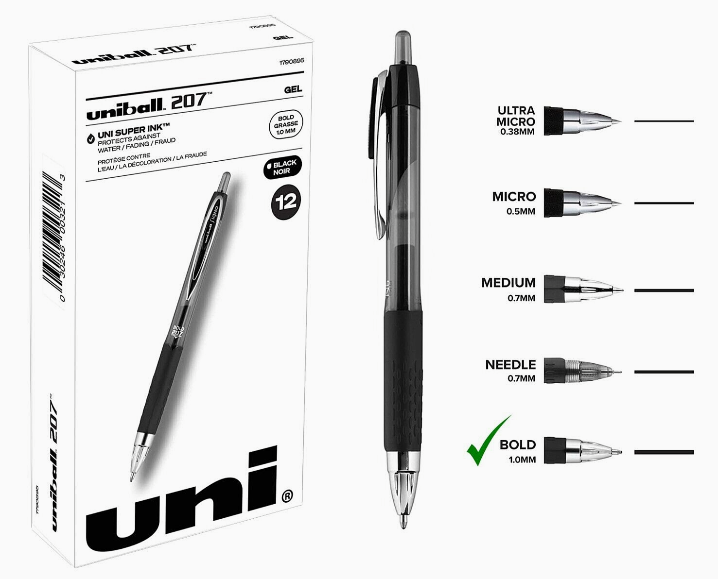 Uniball Signo 207 Gel Rollerball Pen, Uni Super Ink; Black Bold 1.0MM ...
