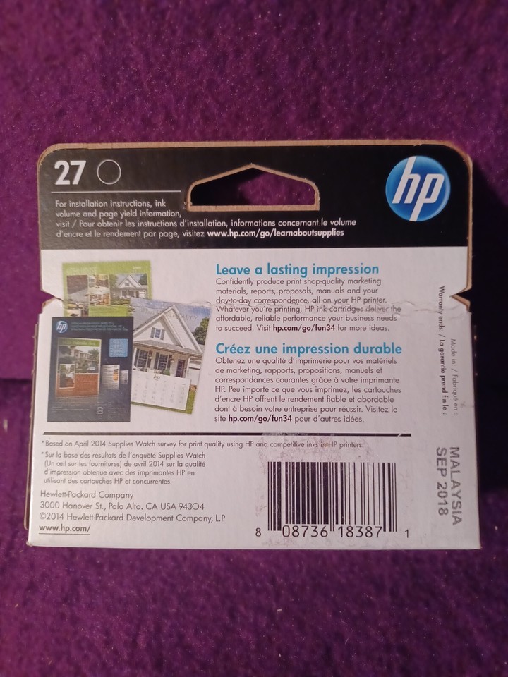 HP 27 Black Ink Cartridge Genuine New Sealed Expiration: September 2018 ...