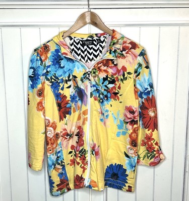 Women’s Onque Casual Tropical Floral Full Zip Jacket Pockets Yellow ...