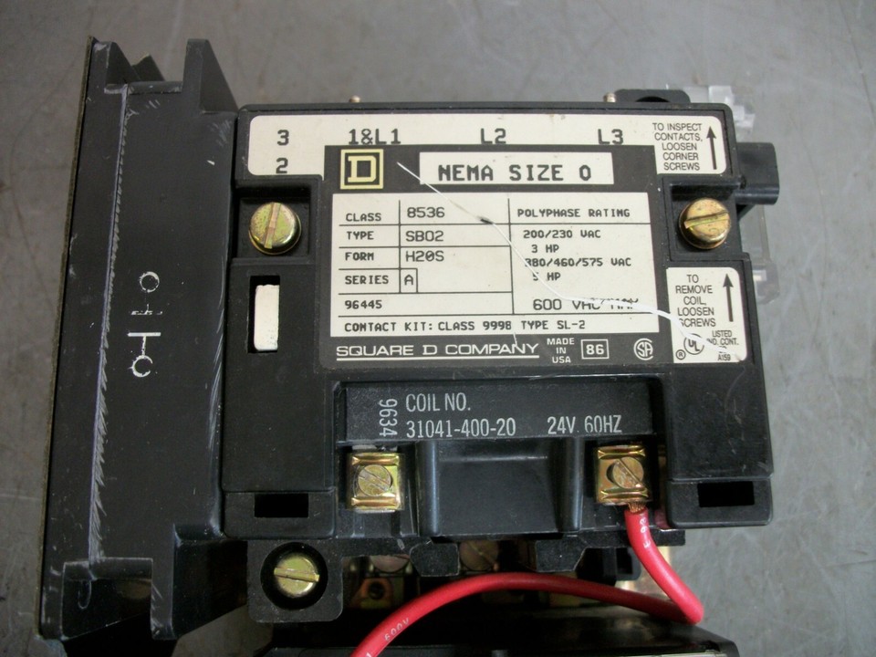 SQUARE D SIZE 0 MOTOR STARTER 8536SBO2H20S 24VCOIL 3PH 600V 5HP W/ML L ...