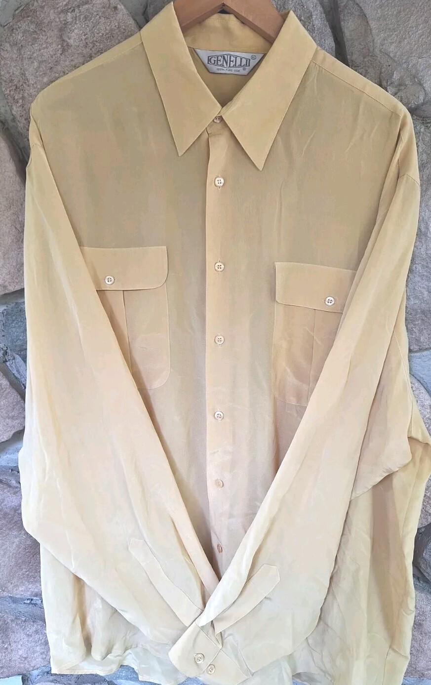 Genelli Men's Vintage Shirt XL Gold/Beige 100% Silk L… - Gem