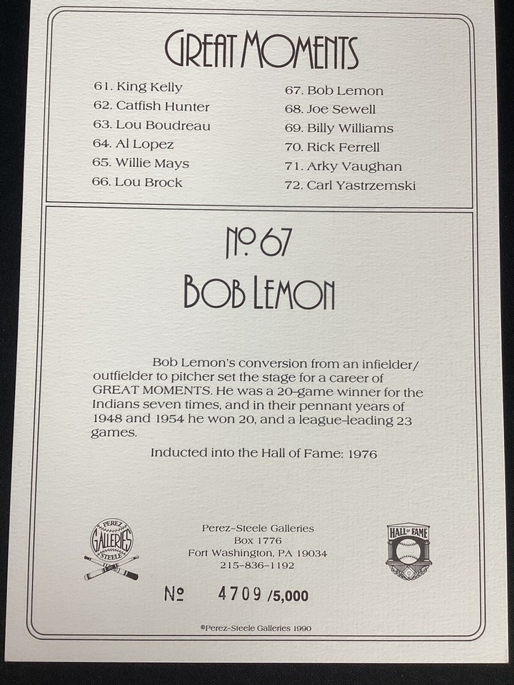 Bob Lemon Signed Perez Steele Great Moments Postcard HOF Indians ...