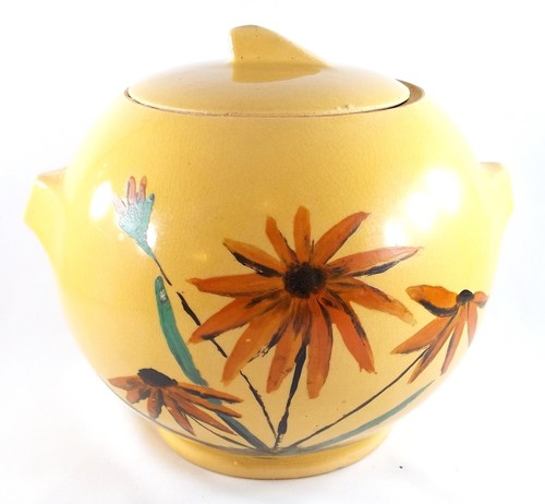 Vintage Yellow Ware Cookie Jar, Spherical Shape, Hand Painted Floral ...