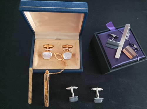 24KGF metal marble inlay tie bar clasp clip and cuff links mother pearl ...
