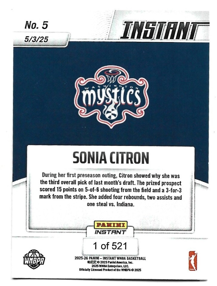 Sonia Citron ROOKIE 2025 Panini Instant #5 SP /521 Mystics Preseason ...