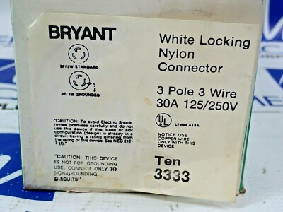 NEW Bryant 3333 White locking Nylon Connector 3P 3W 30A 125/250V | eBay