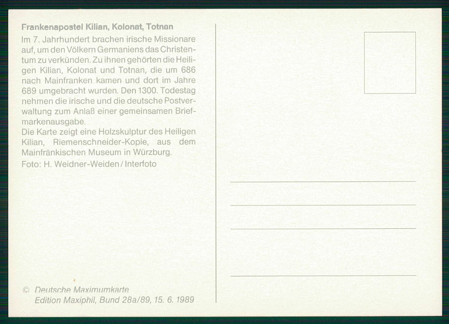 IRLAND MK 1989 FRANKEN-APOSTEL MAXIMUMKARTE CARTE MAXIMUM CARD MC CM ...