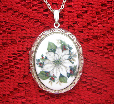 Porcelain Christmas White Poinsettia & Holly CAMEO ST Locket Pendant ...