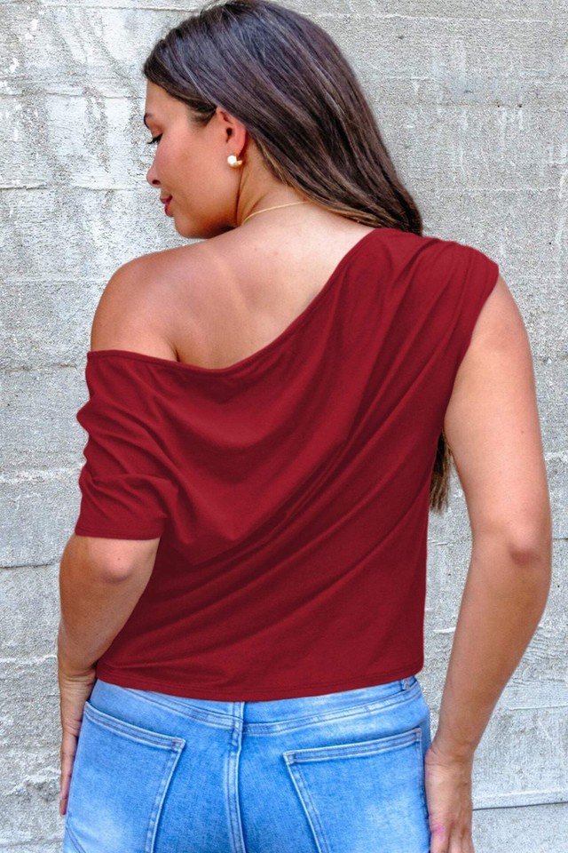 Burgundy Plus Size Solid Color Asymmetric Neck Short Sleeve Blouse | eBay