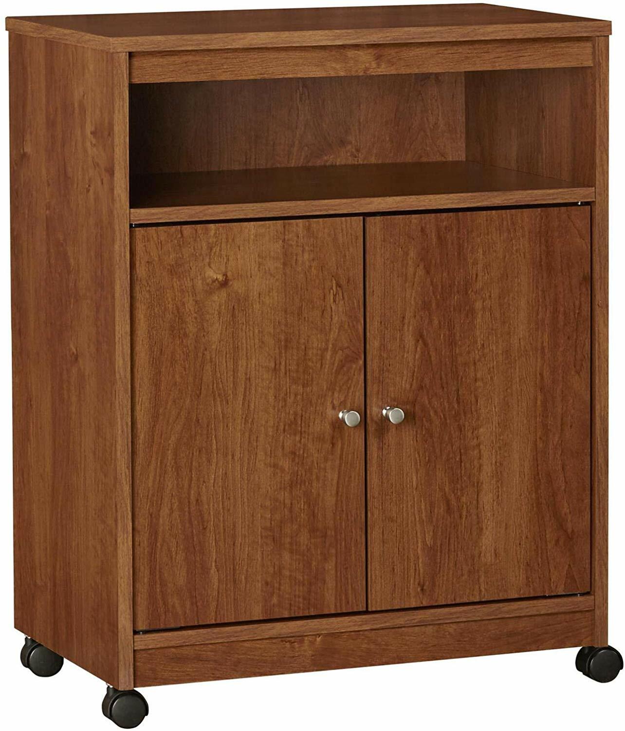 Dark Oak Brown Wooden Rolling Microwave Cart Storage Cabinet Kitchen ...