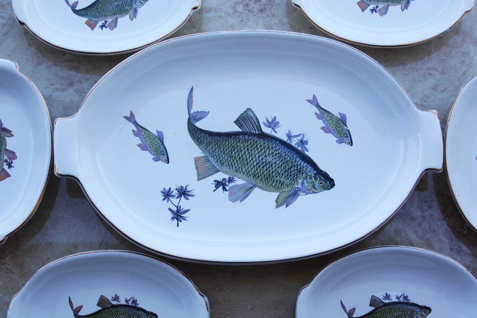 Lovely Vintage Israel Thick Porcelain Kedar Fish Platter Tray 6 Plates ...